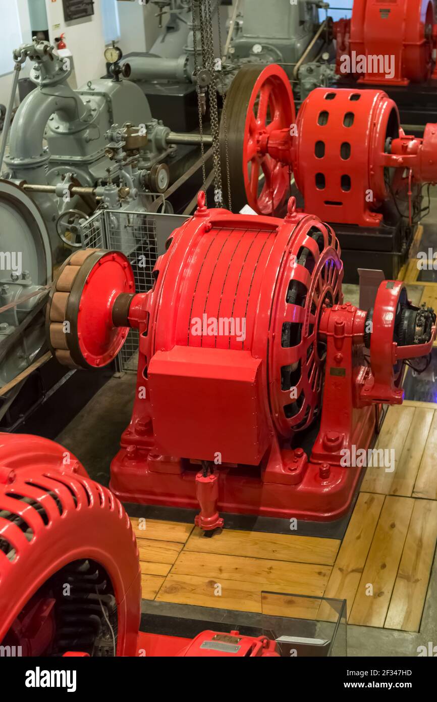 View of a classic 1934 industrial hydroelectric generator turbines and ...