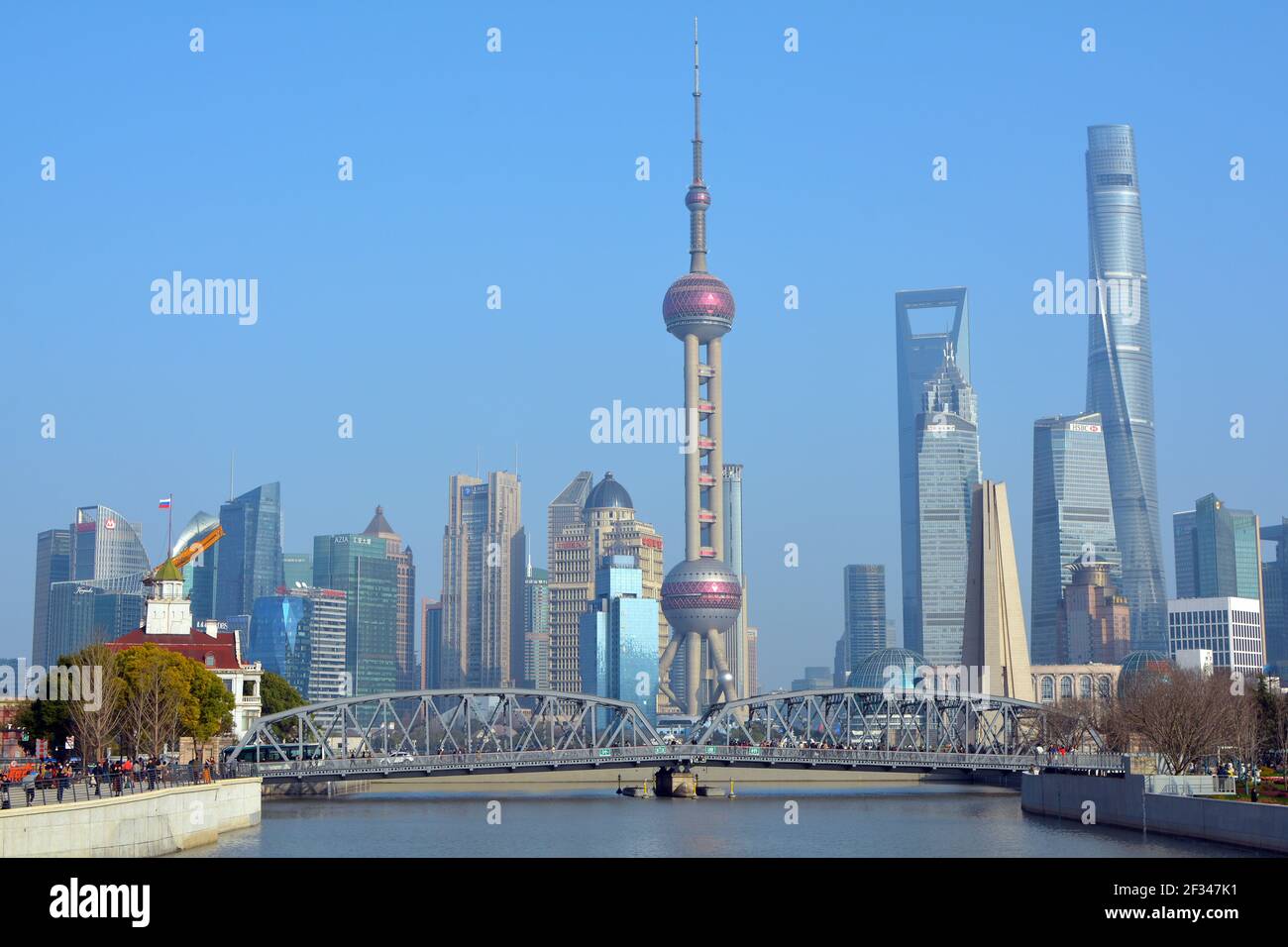 Shanghai skyline and Waibaidu bridge seen from the Zhapu road bridge ...