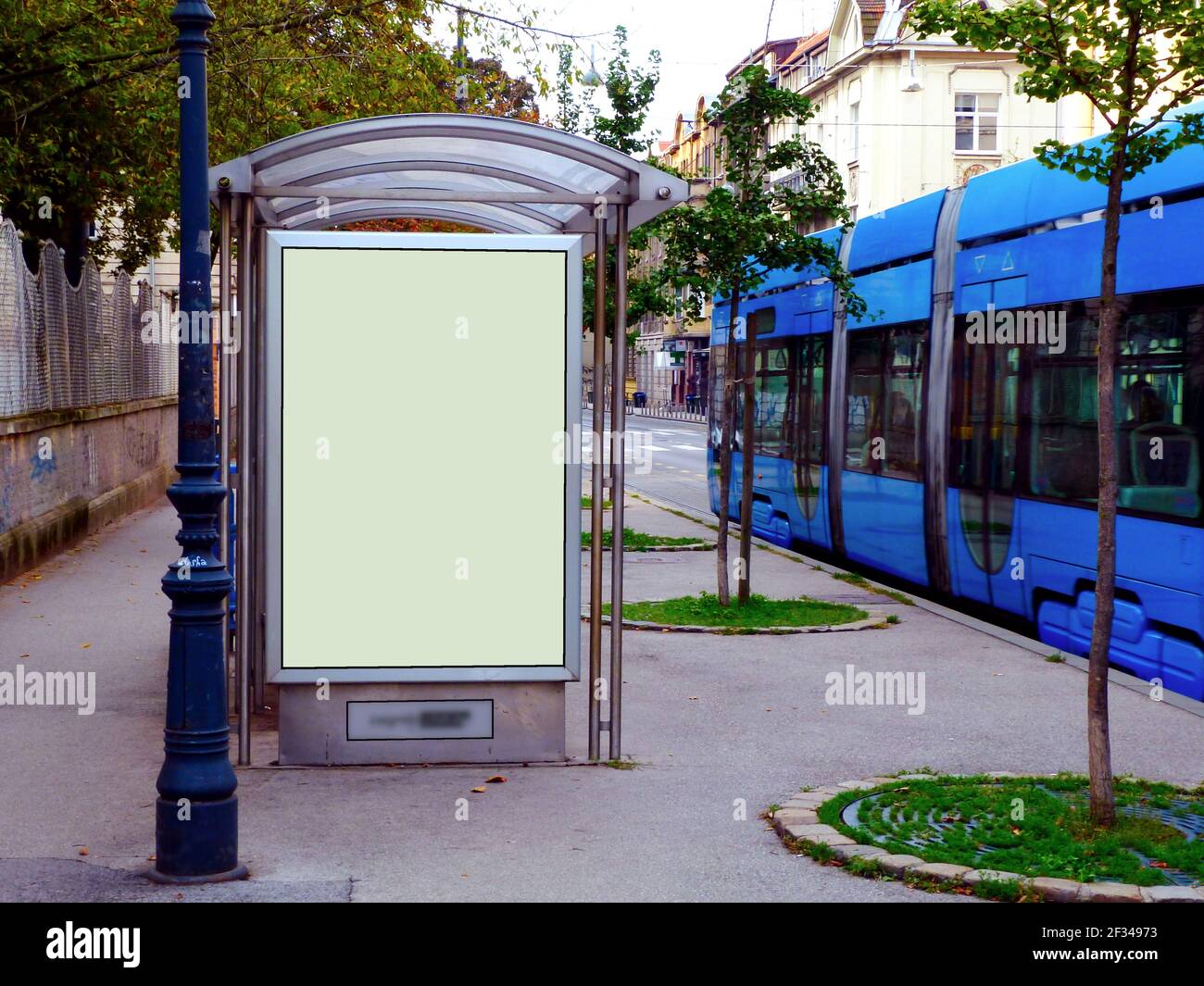 bus stop and glass shelter. image collage of blank white glass ad space ...