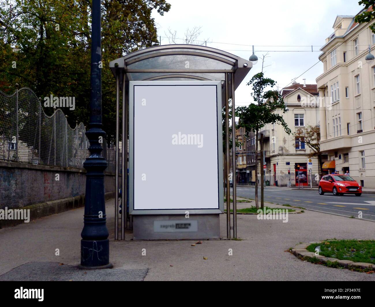 bus shelter and bus stop. image collage of blank white glass ad space ...