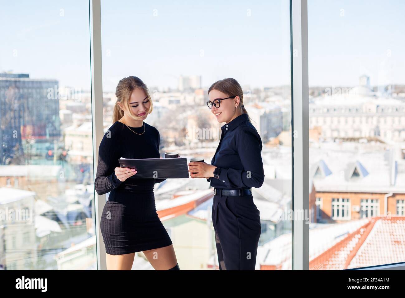 Two successful female managers talking about a joint project while ...