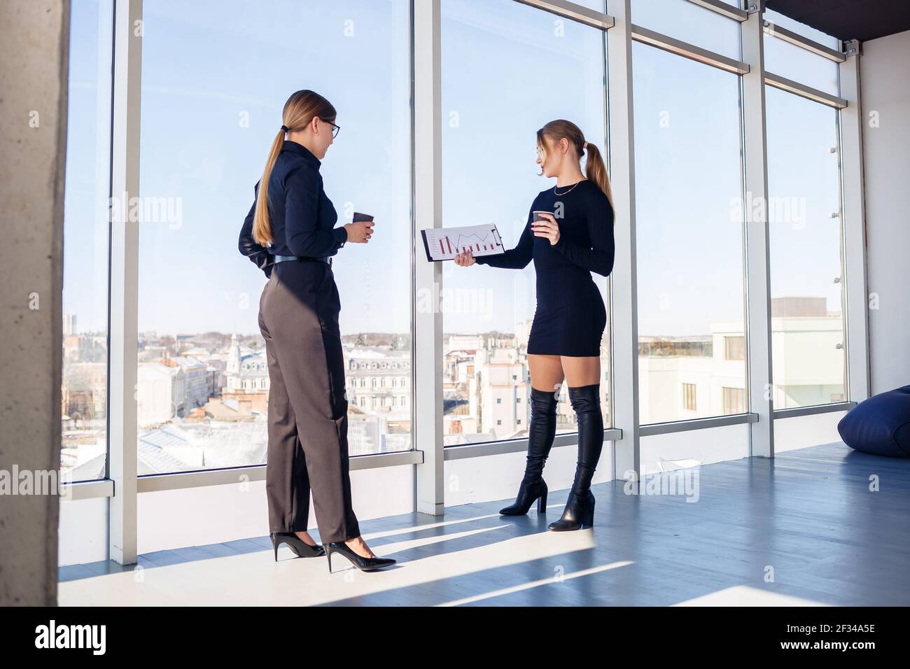 Two successful female managers talking about a joint project while ...