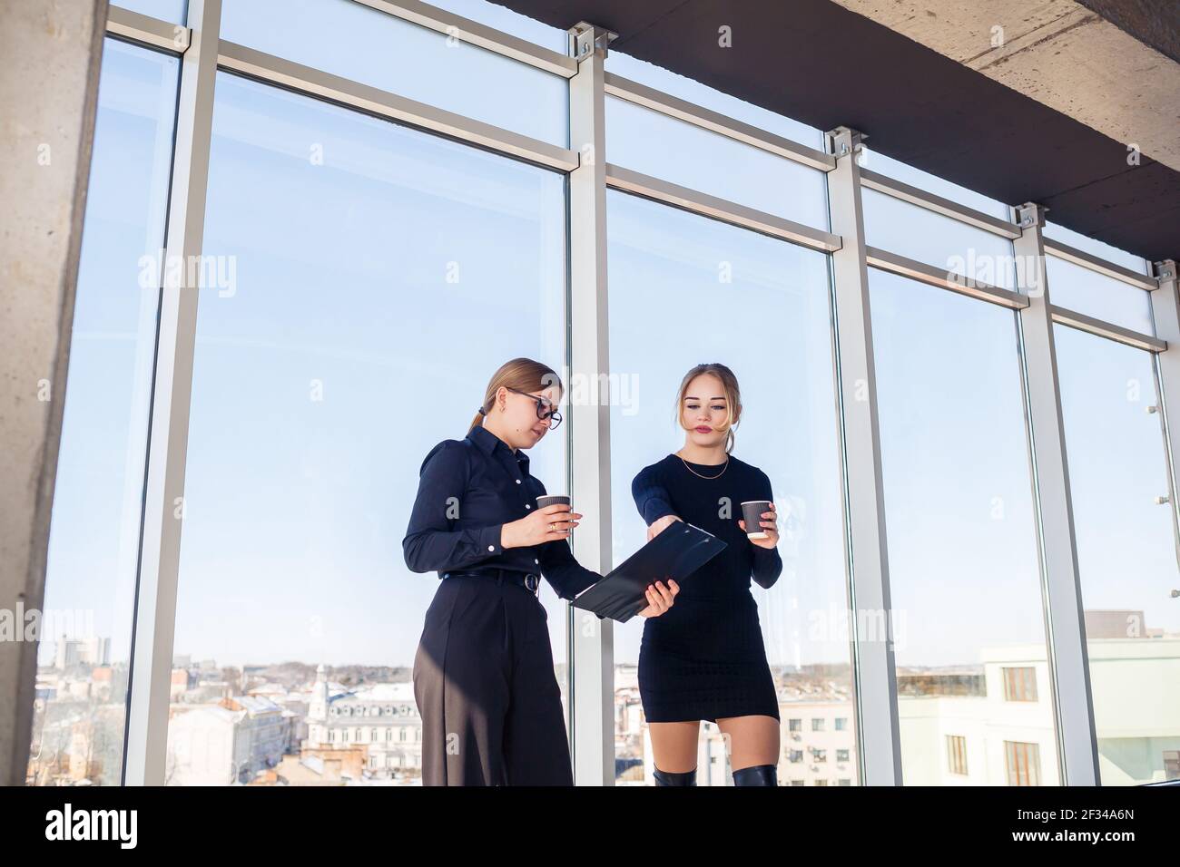 Two successful female managers talking about a joint project while ...