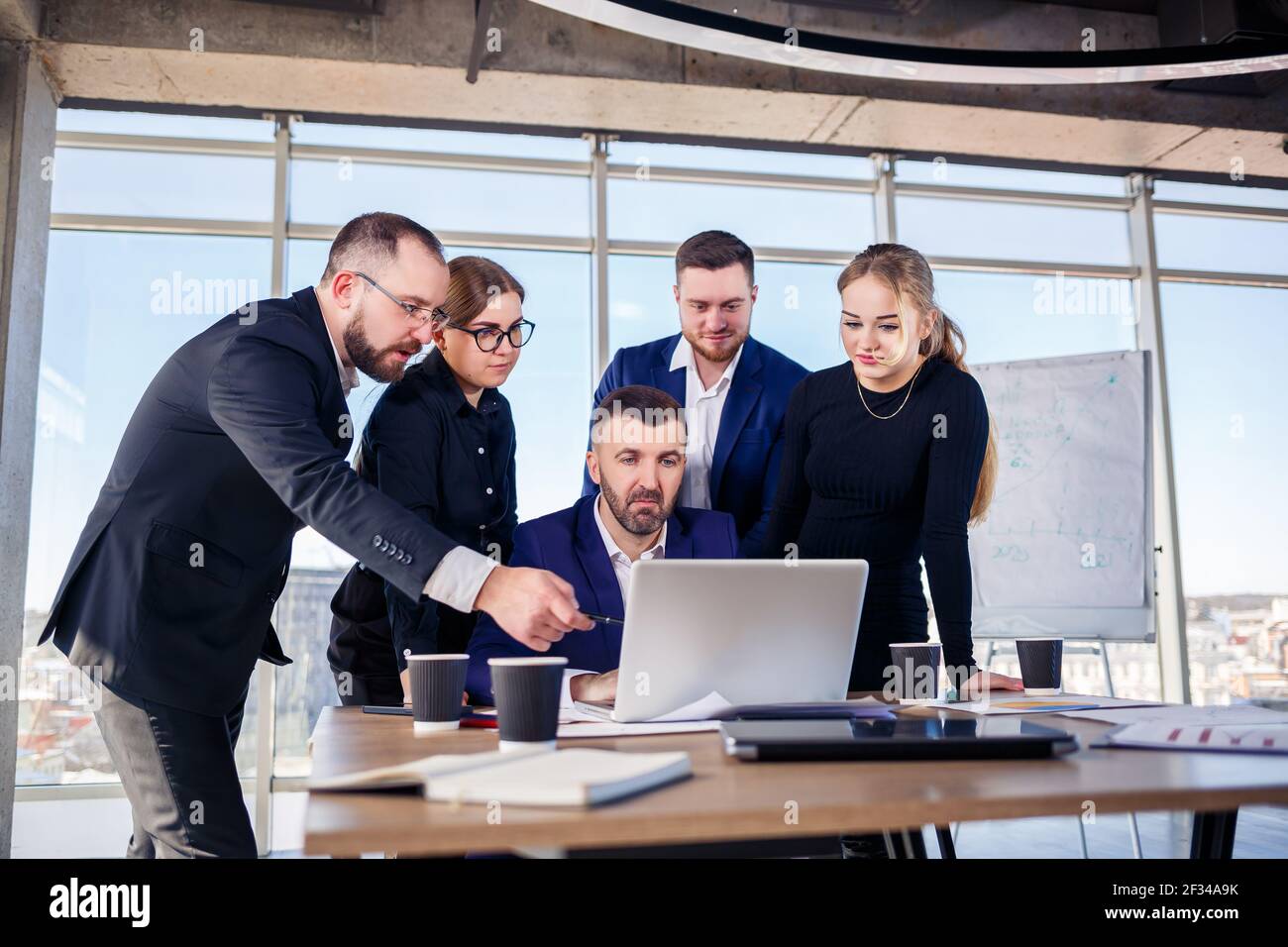 Business, technology and office concept - happy business team with ...