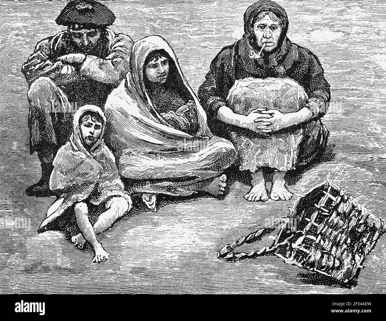 A 19th Century illustration of island family on the beach awaiting the ...