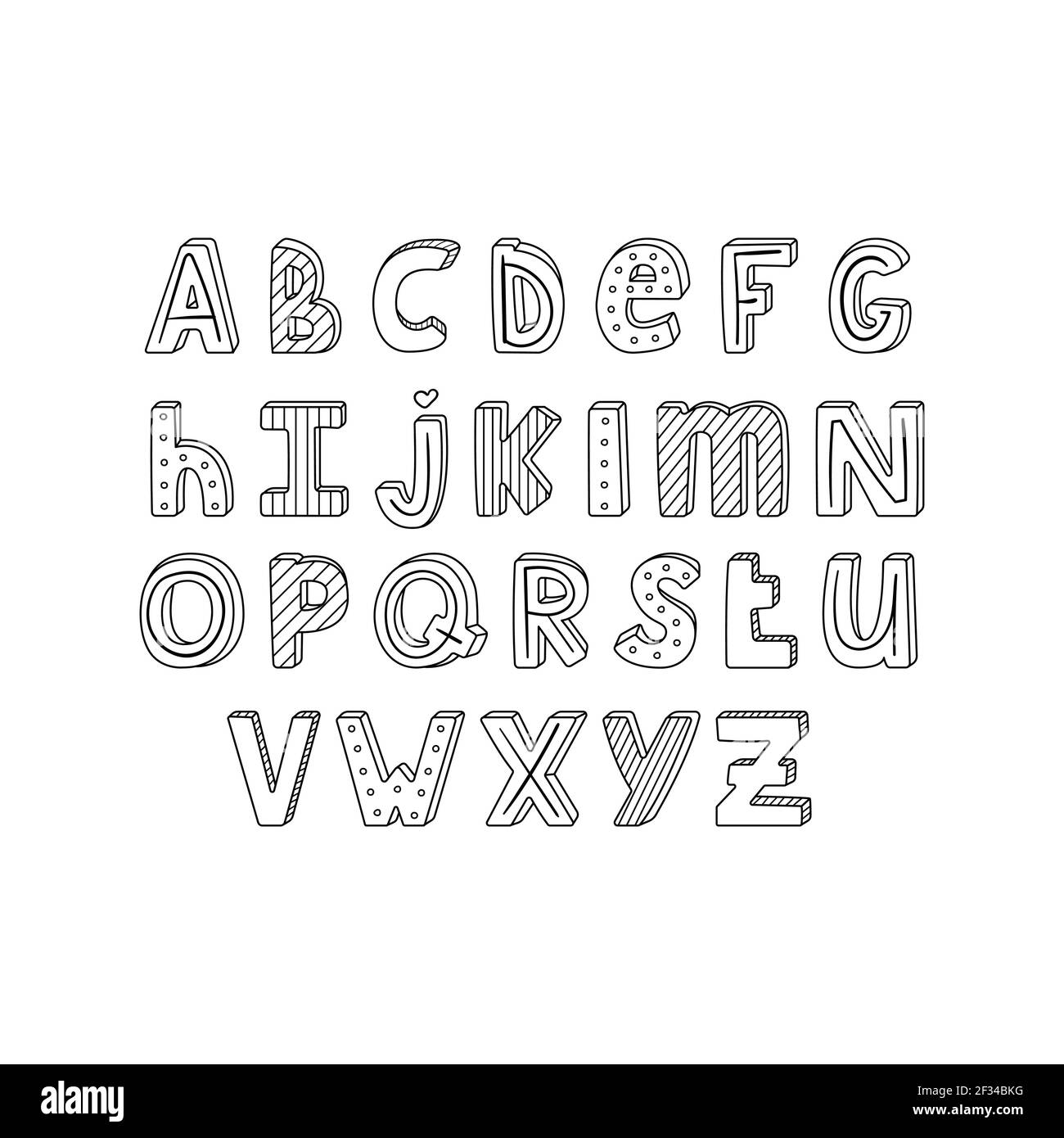 Vector English alphabet with hand-drawn letters with stripes and dots ...