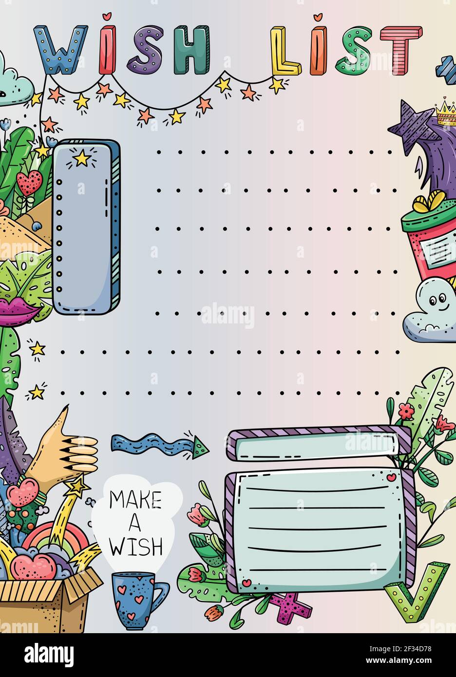 Vector doodle template with creative illustrations and lettering. Wish ...