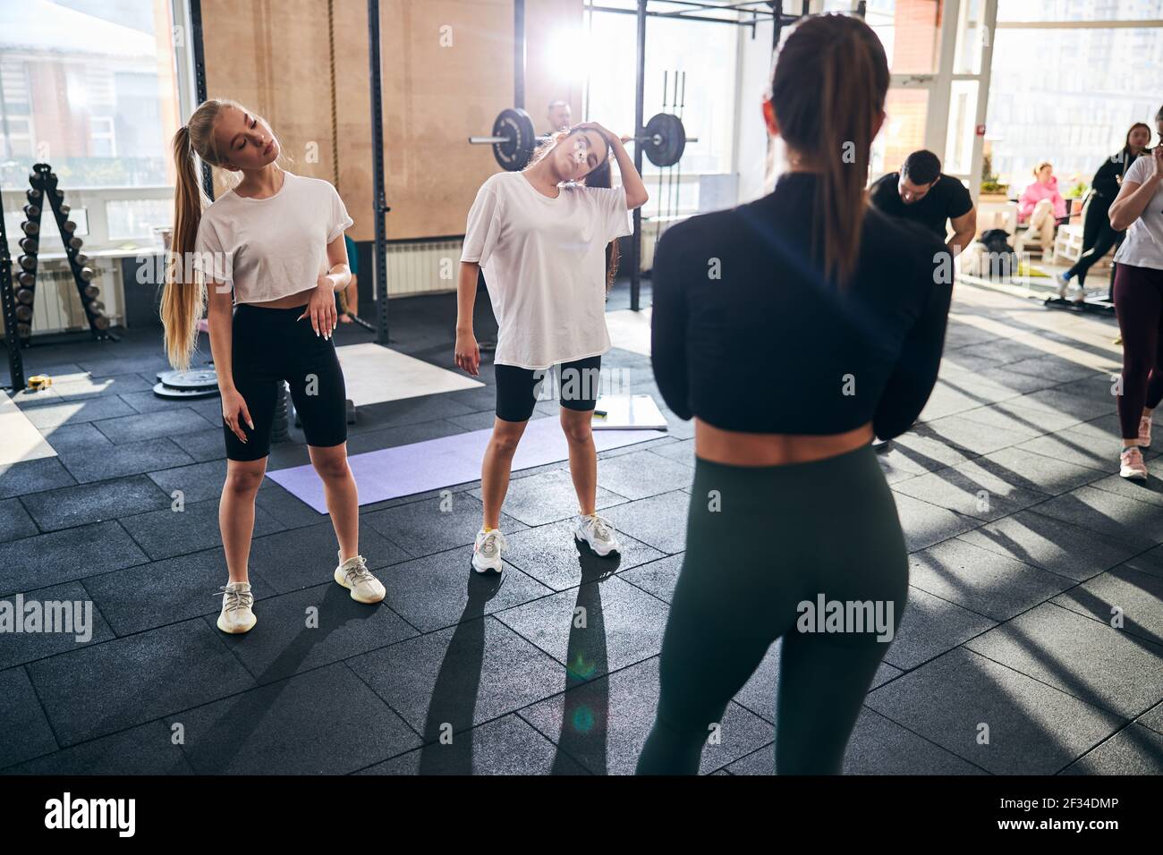 Qualified female gym instructor monitoring activities in recreational ...