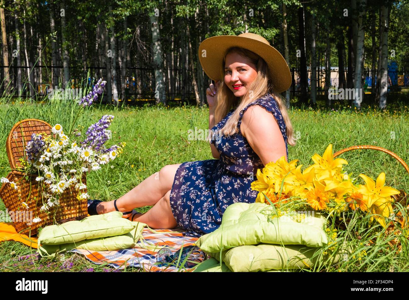 Gorgeous young girl in a sundress lying on grass and having a picnic in ...