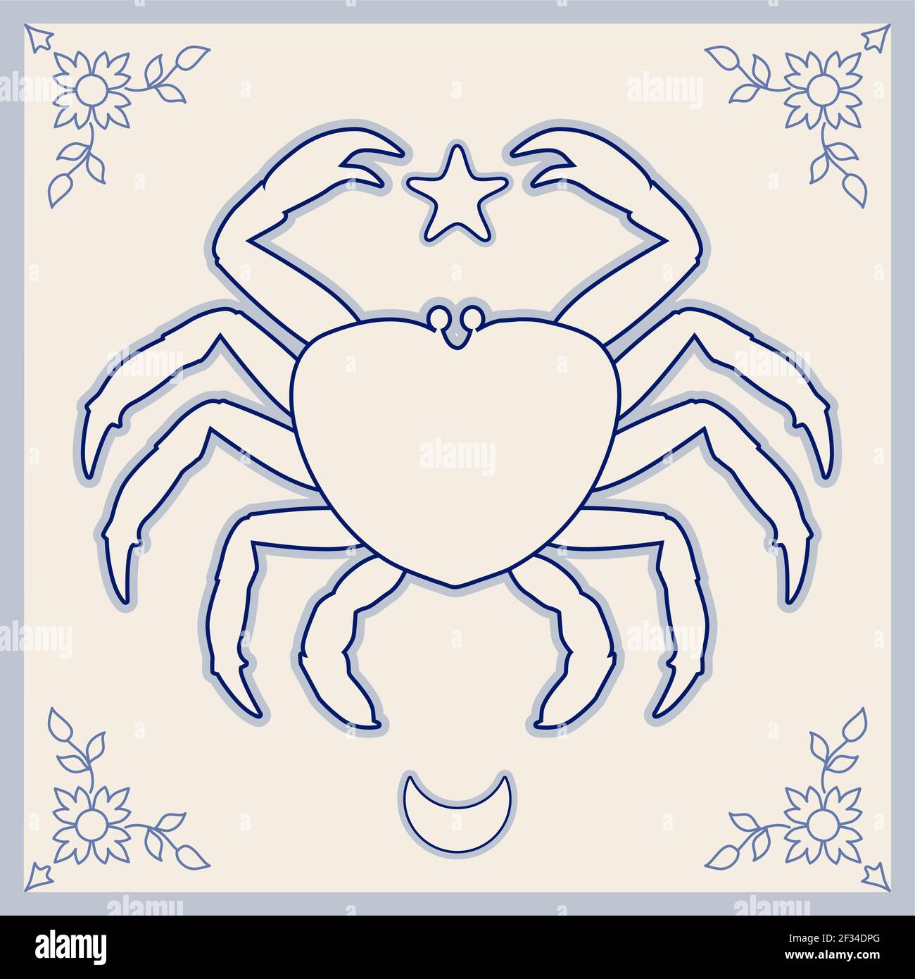 Illustrated ceramic tile. Crab inside in an ornamental frame, moon and ...