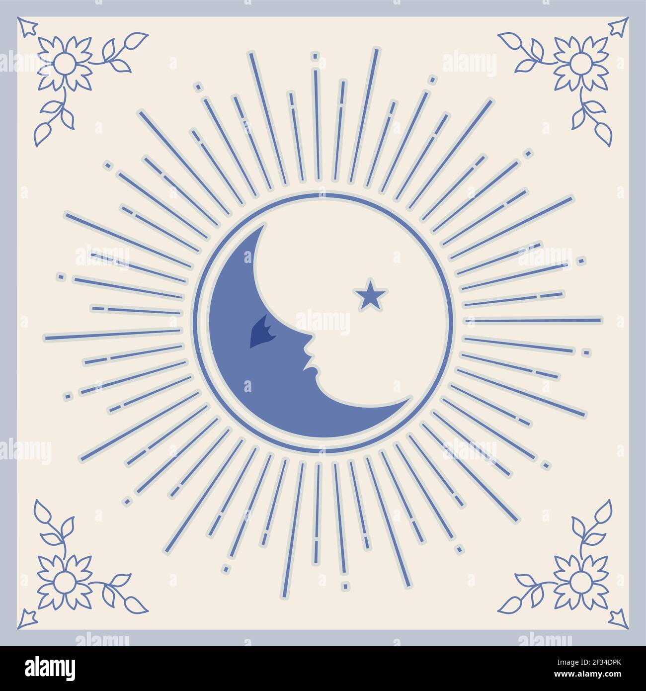Illustrated ceramic tiles. Isolated moon and star between ornamental ...