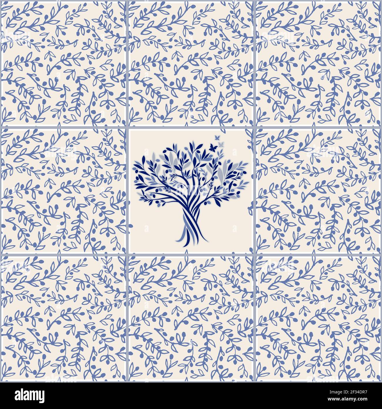 Illustrated ceramic tile. Pattern of hand-drawn olive branches and ...