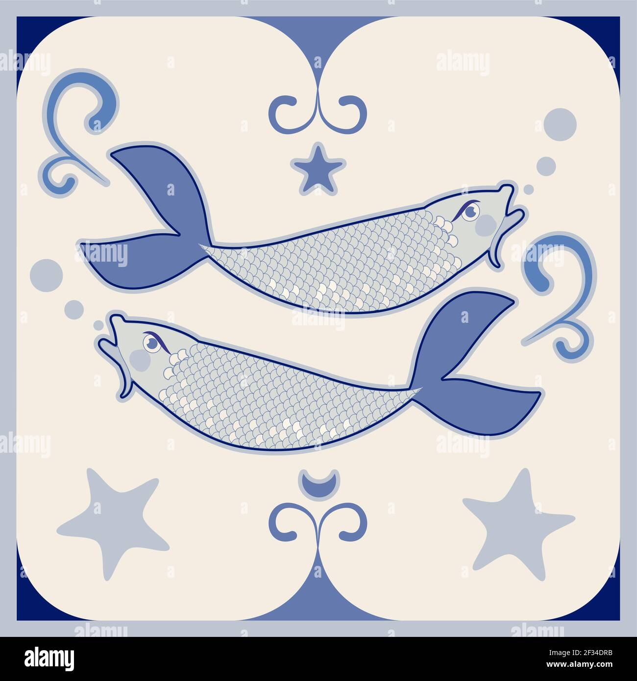 Illustrated ceramic tile. Two fish inside in an ornamental frame ...