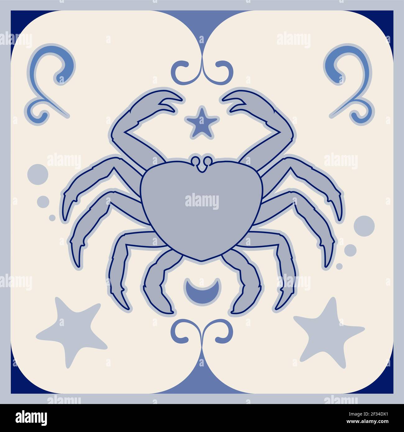 Illustrated ceramic tile. Crab inside in an ornamental frame, moon and ...