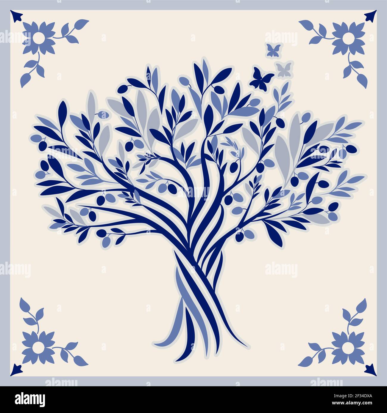 Illustrated ceramic tile. Olive tree hand drawn and butterfiles ...
