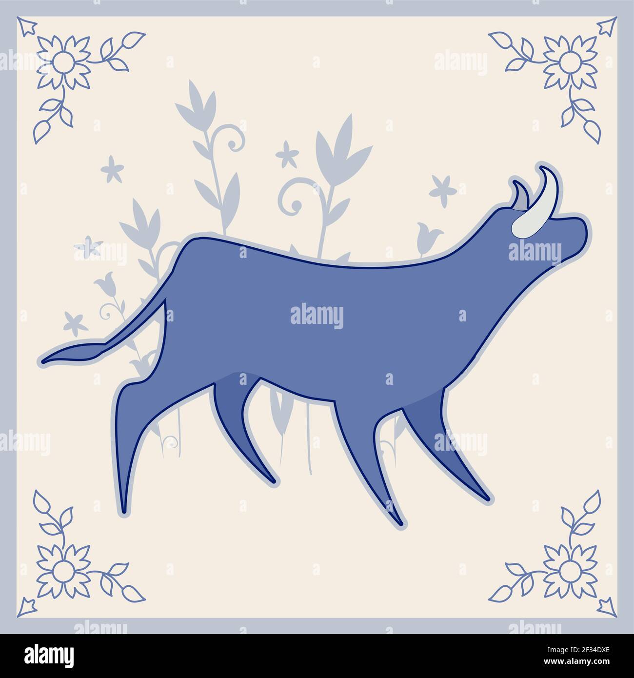 Illustrated ceramic tile. Bull inside in an ornamental frame and ...