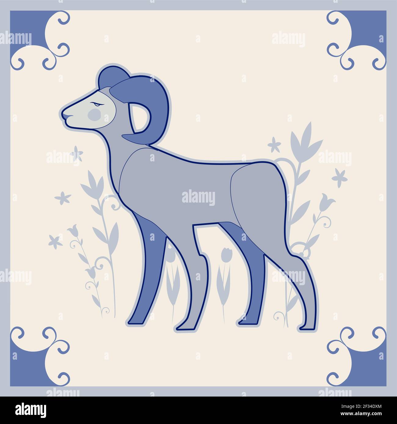 Illustrated ceramic tile. Ram inside in an ornamental frame and flowers ...