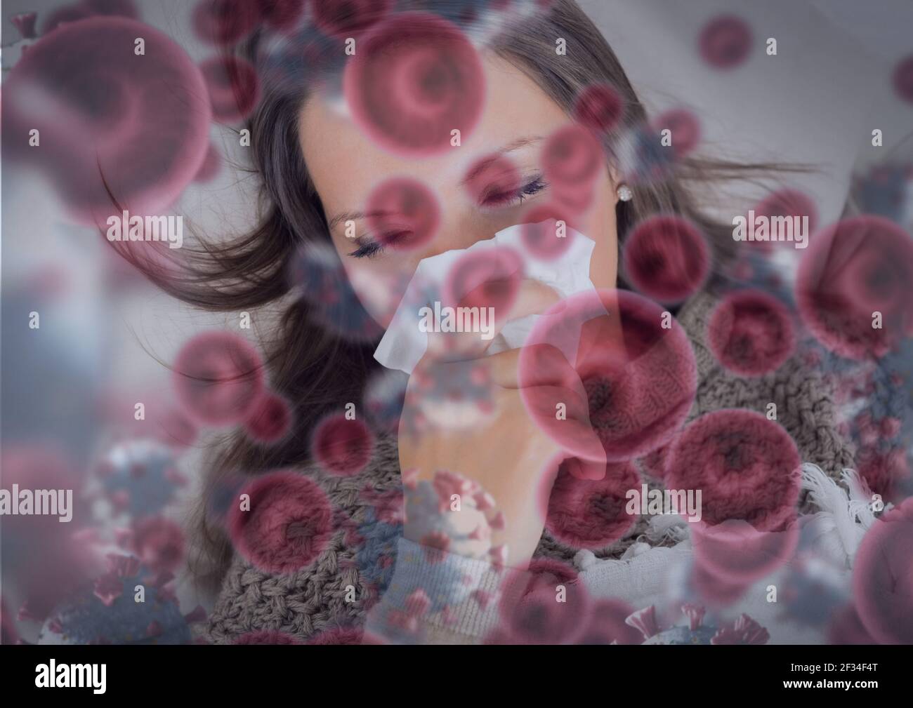 Composition of red blood cells over sick woman blowing her nose Stock ...