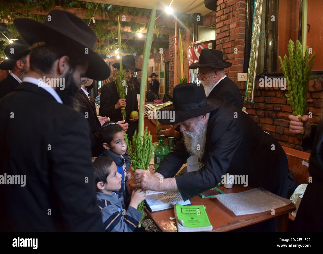 A rabbi gives young Jewish boys the 4 Sukkos species to bless in a ...