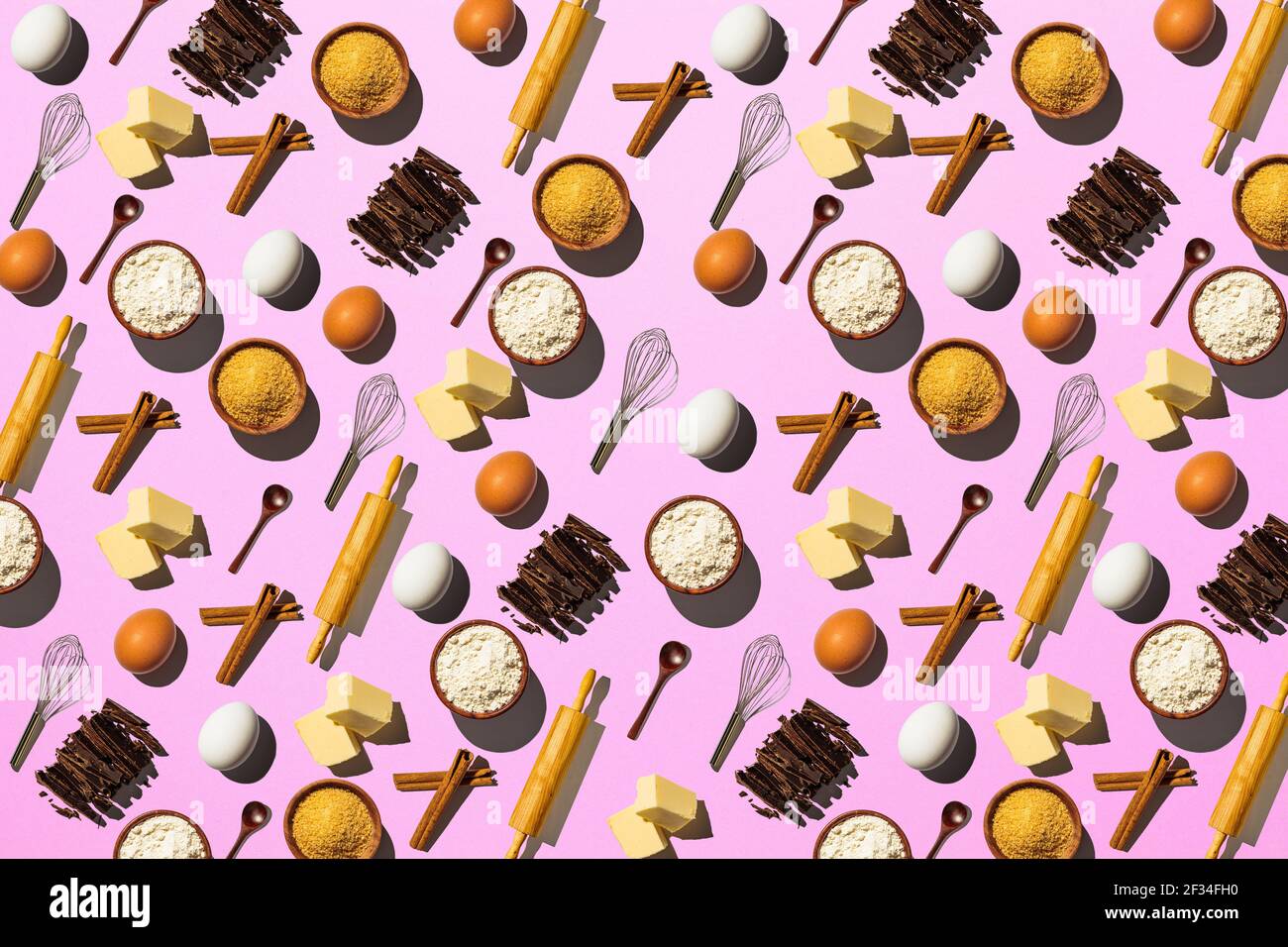 Baking background. Pattern of raw ingredients for cooking dessert on a ...