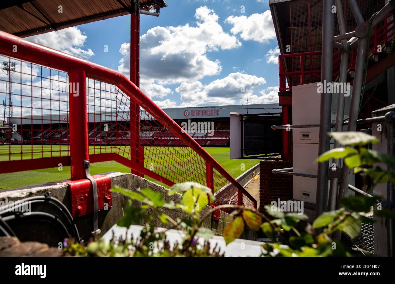 General view of the pitch of Brentford FC ground at Griffin Park. That ...