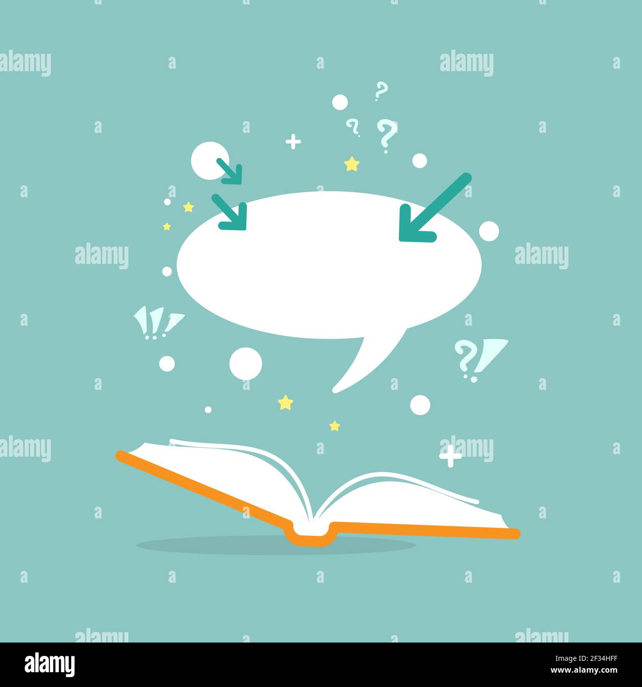Open book with question marks, plus sign, arrows and speech bubble on ...