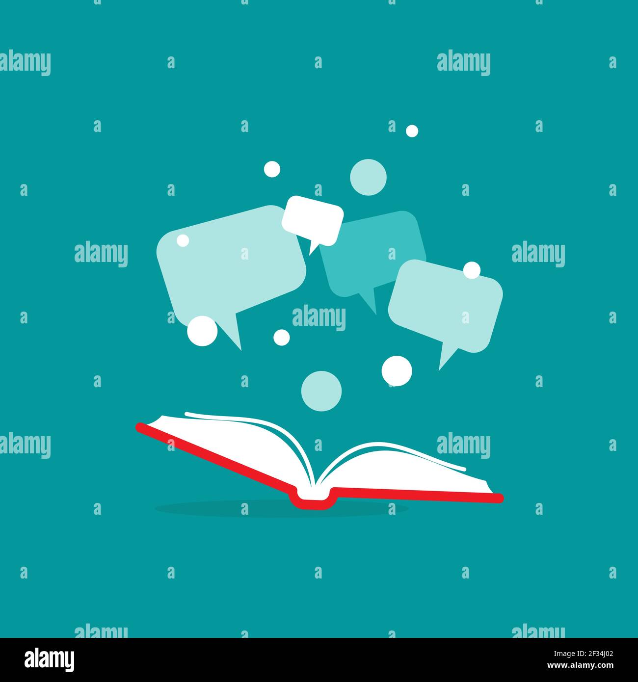 Open book with red book cover and speech bubbles and dots flying out ...