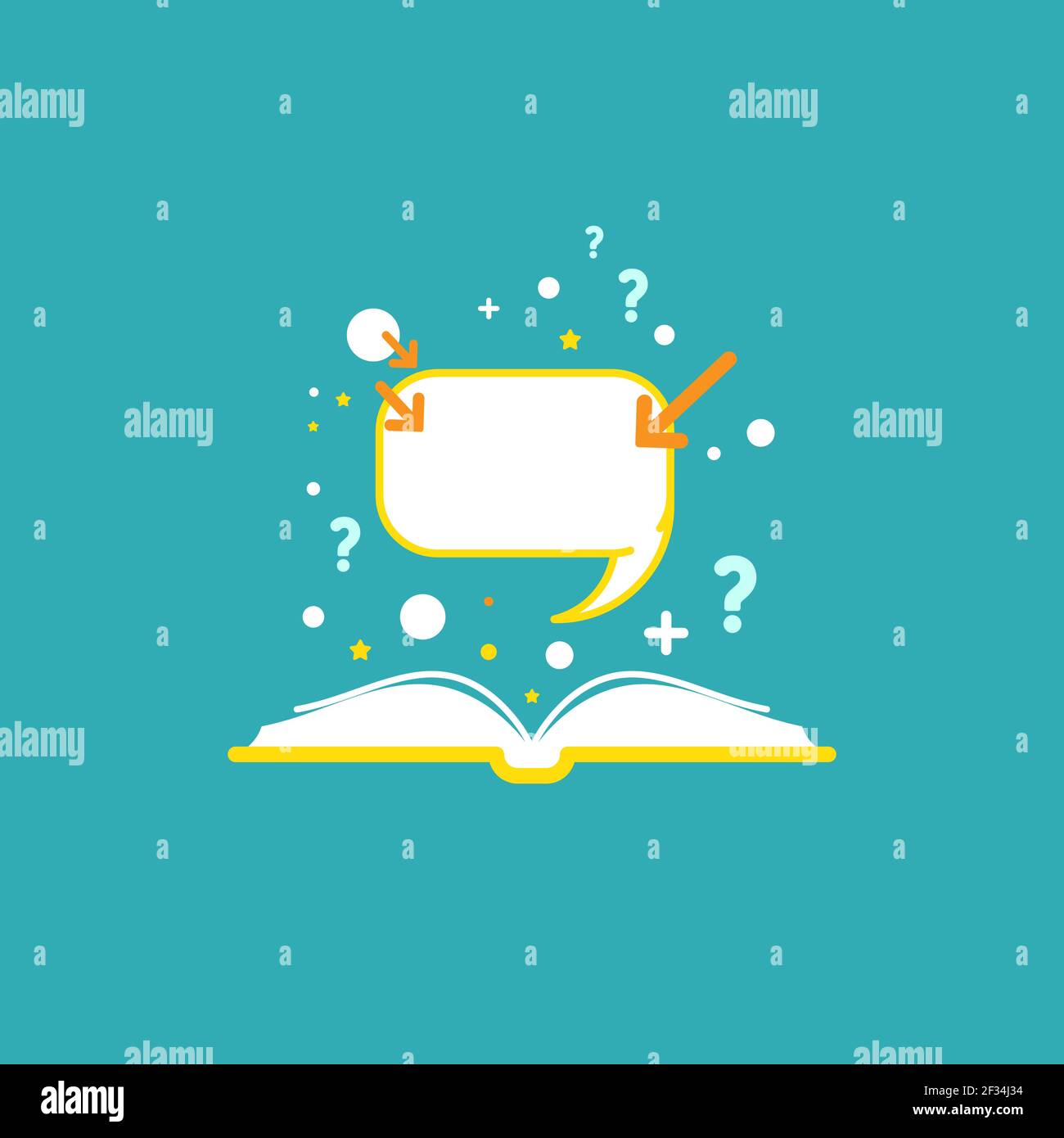 Open book with question marks, plus sign, arrows and speech bubble on ...