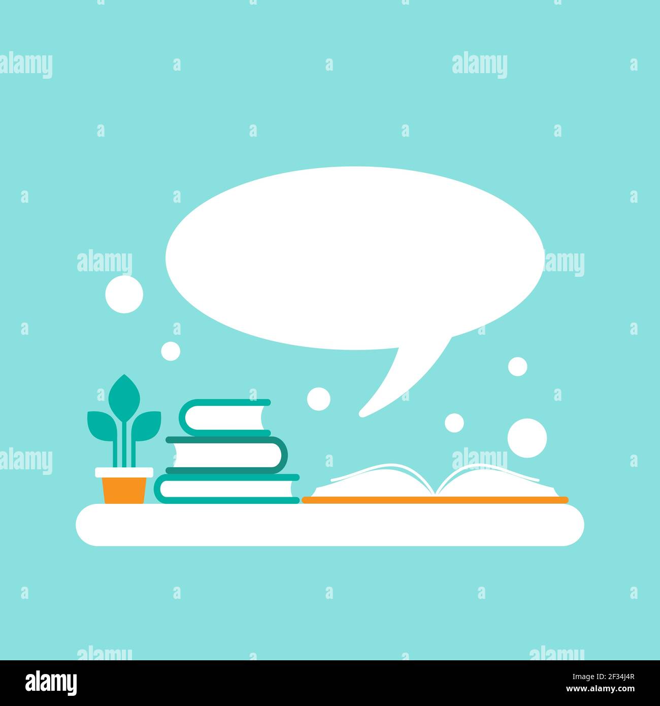 stack of books and open book with orange cover and big speech bubble ...