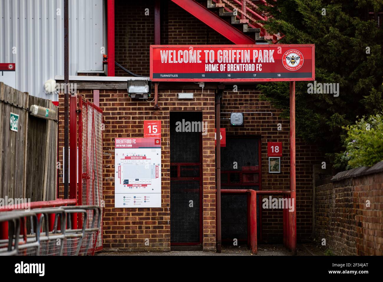 General view of the outside of Brentford FC ground at Griffin Park ...