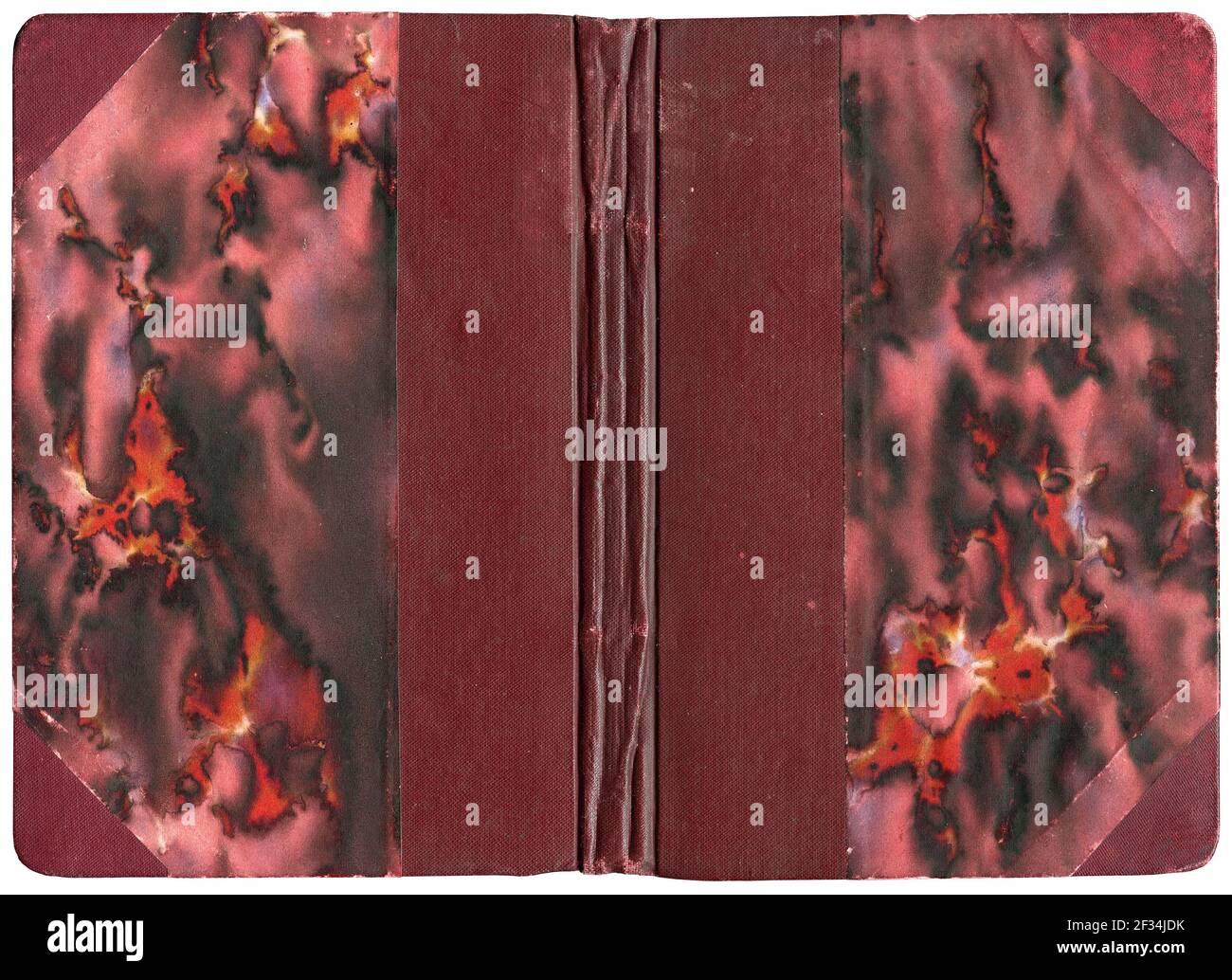 Open vintage book or notebook cover in red canvas and marbled paper ...