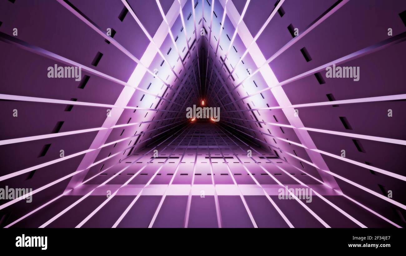 Triangle purple tunnel with neon illumination 3D illustration Stock ...