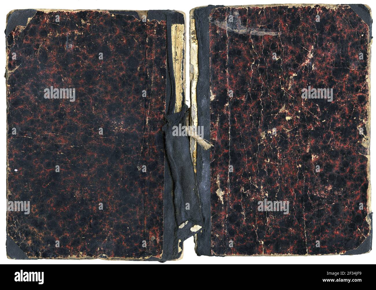 Vintage tattered open book - damaged cover isolated on white, with ...