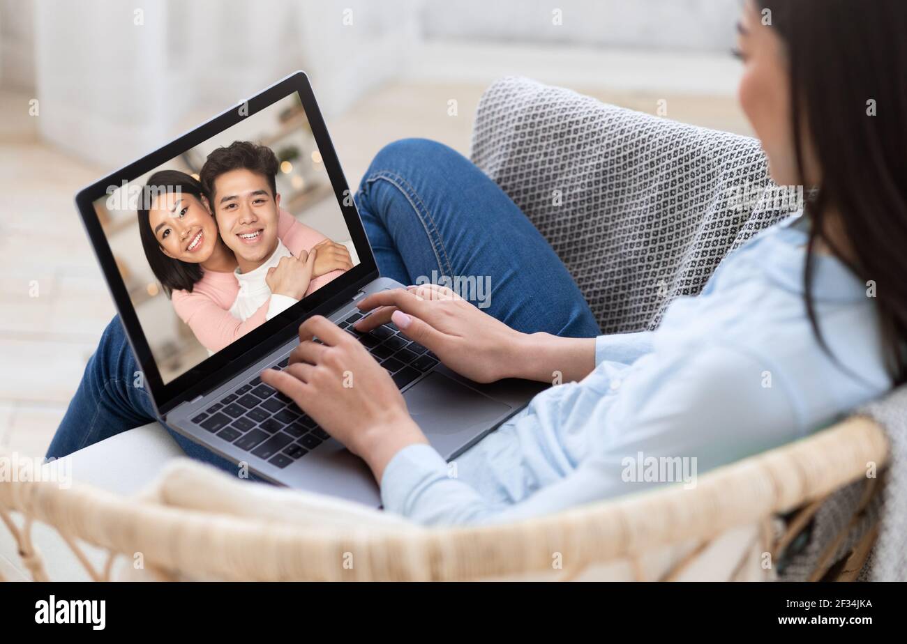 Distant virtual communication, modern devices, video call to friends ...