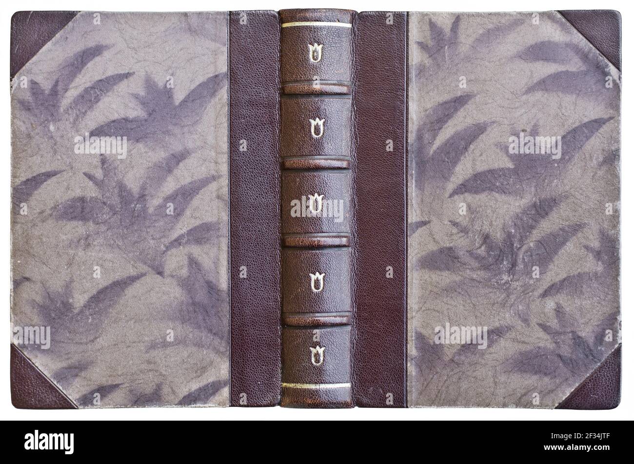 Old open book cover with massive embossed leather spine and paper with ...