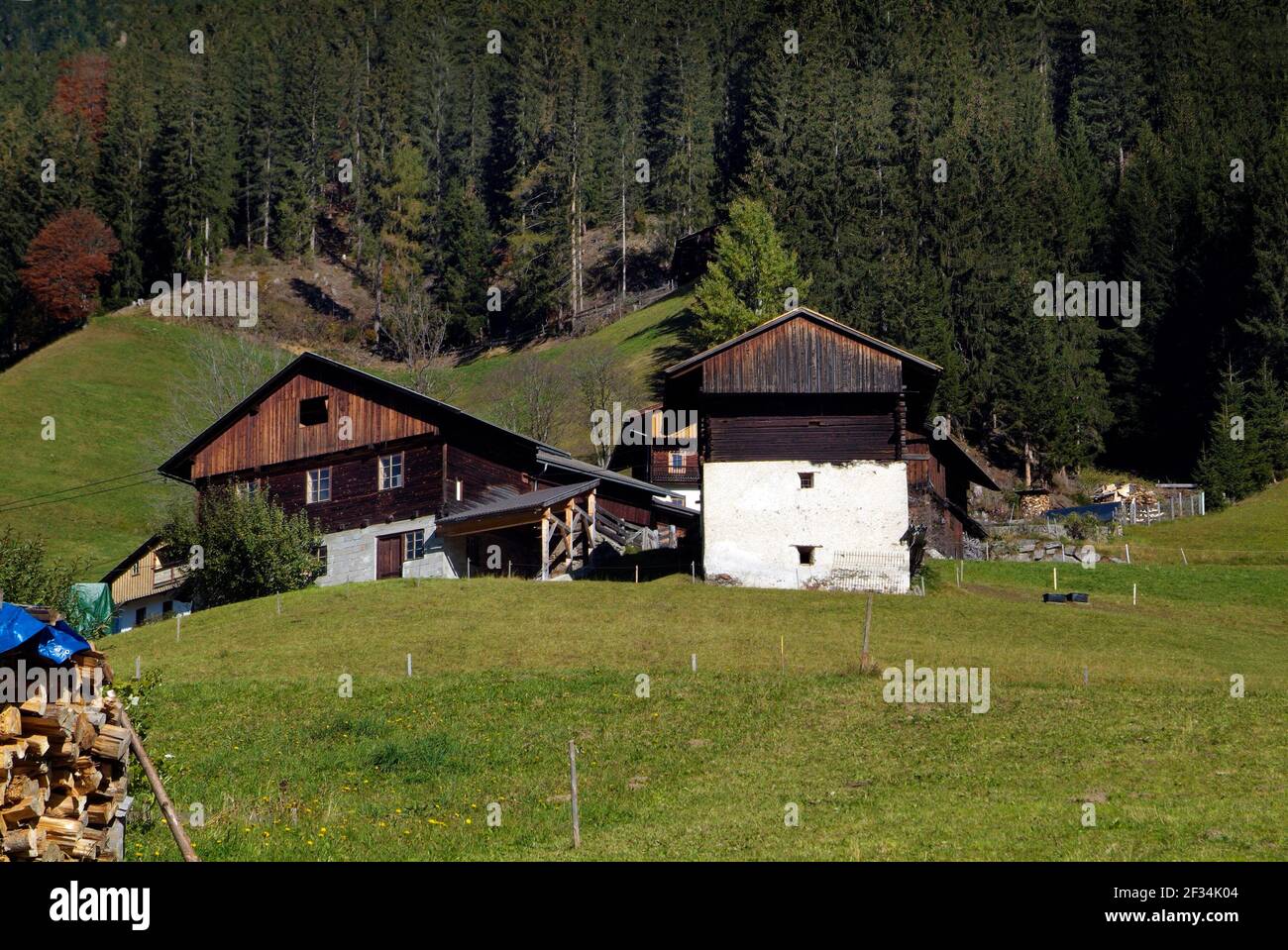 Austria, mountain farm with barn in traditional construction in the ...