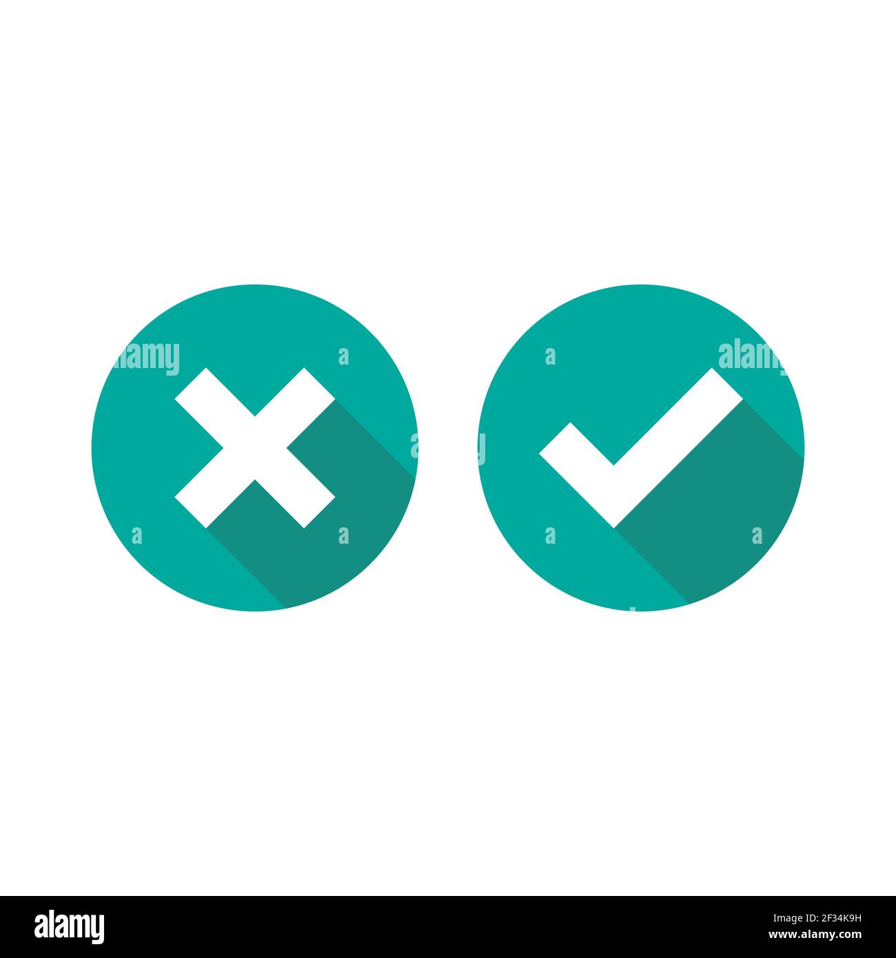 Set of check mark icons. Squared white tick and cross with shadow in ...