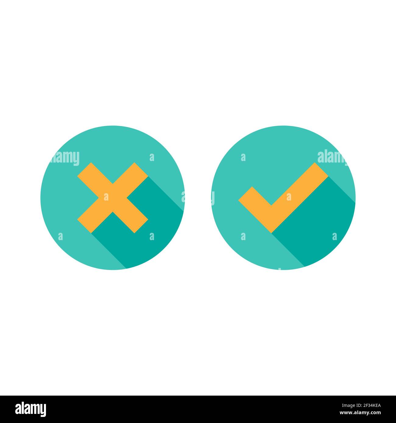 Set of check mark icons. Squared orange tick and cross with shadow in ...