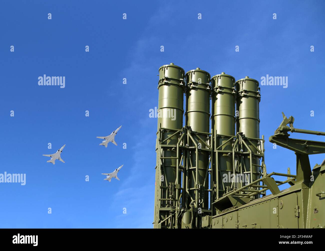 Modern Russian anti-aircraft missiles and military aircrafts fly in ...