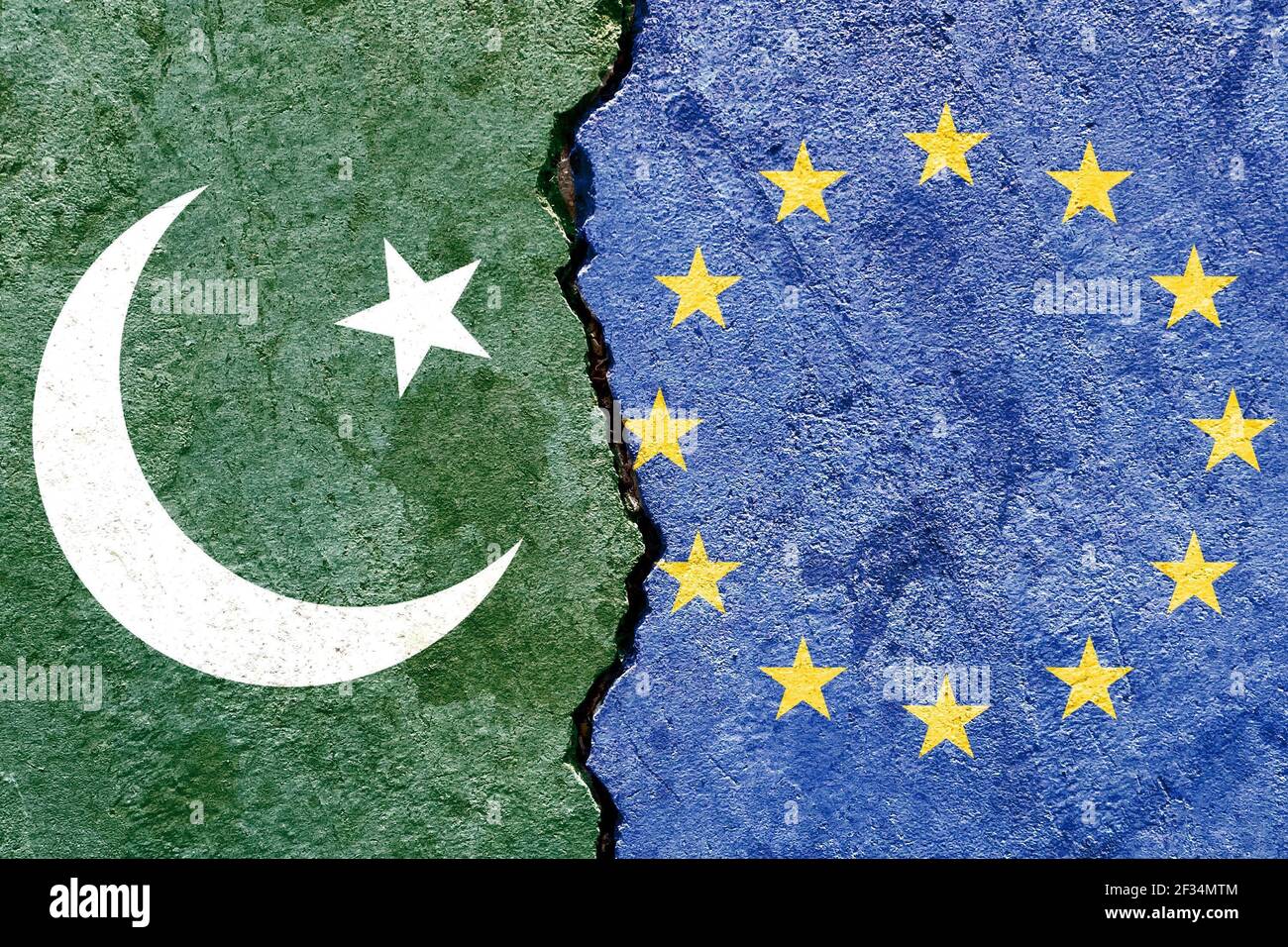 An overlay of the Pakistani and European Union flags on a weathered ...