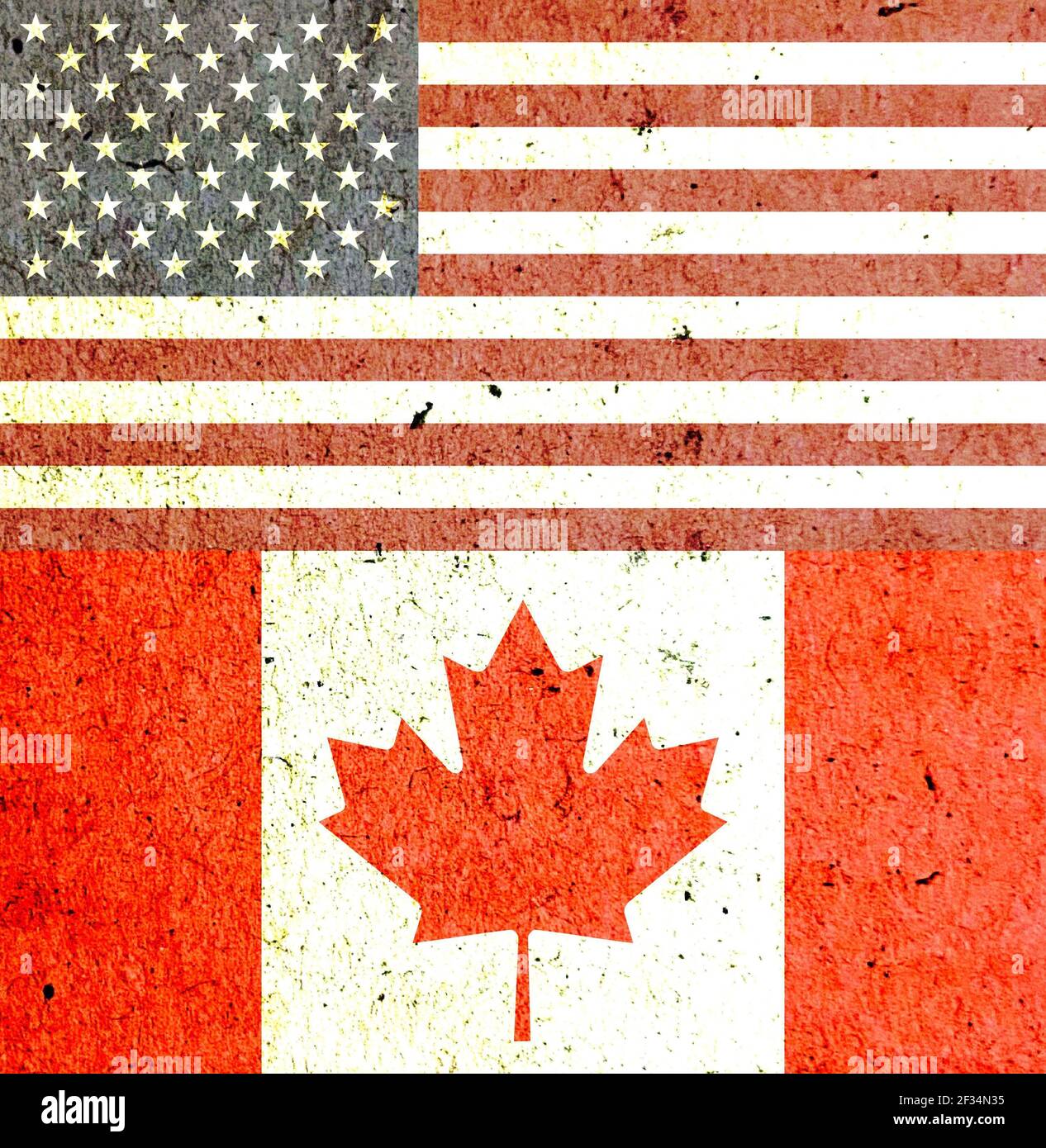 A overlay of the American and Canadian flags on a concrete wall. USA ...