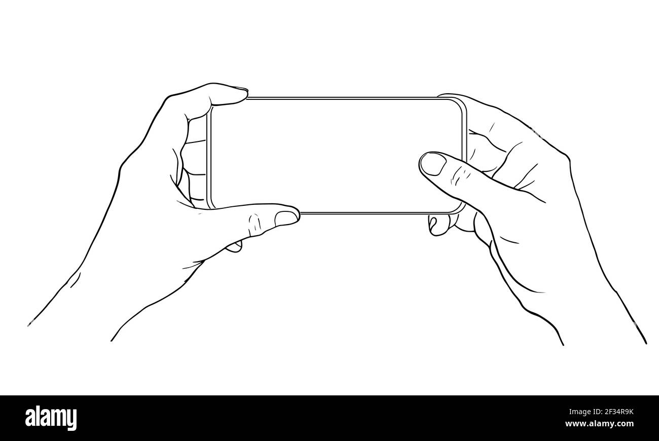 Man holds mobile phone in hands. Outline drawing illustration. Sketch ...