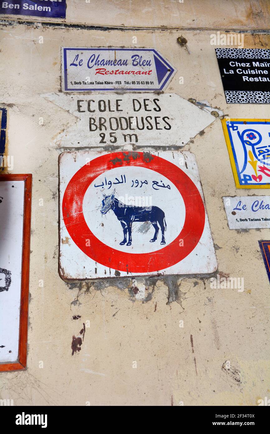 Fes, Morocco - November 20th 2014: Different signs for school ...