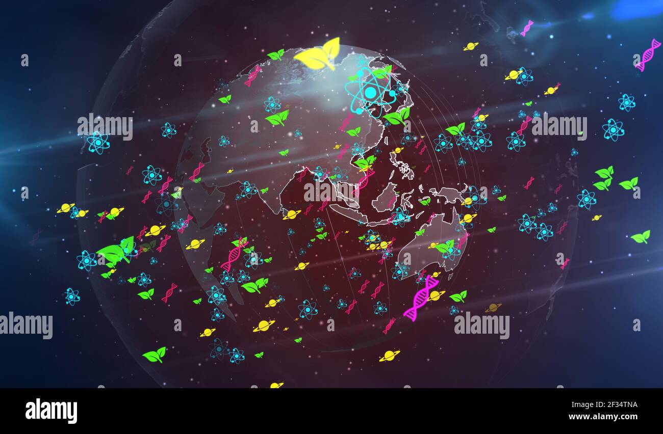 Science and education symbols and icons on digital globe 3d ...