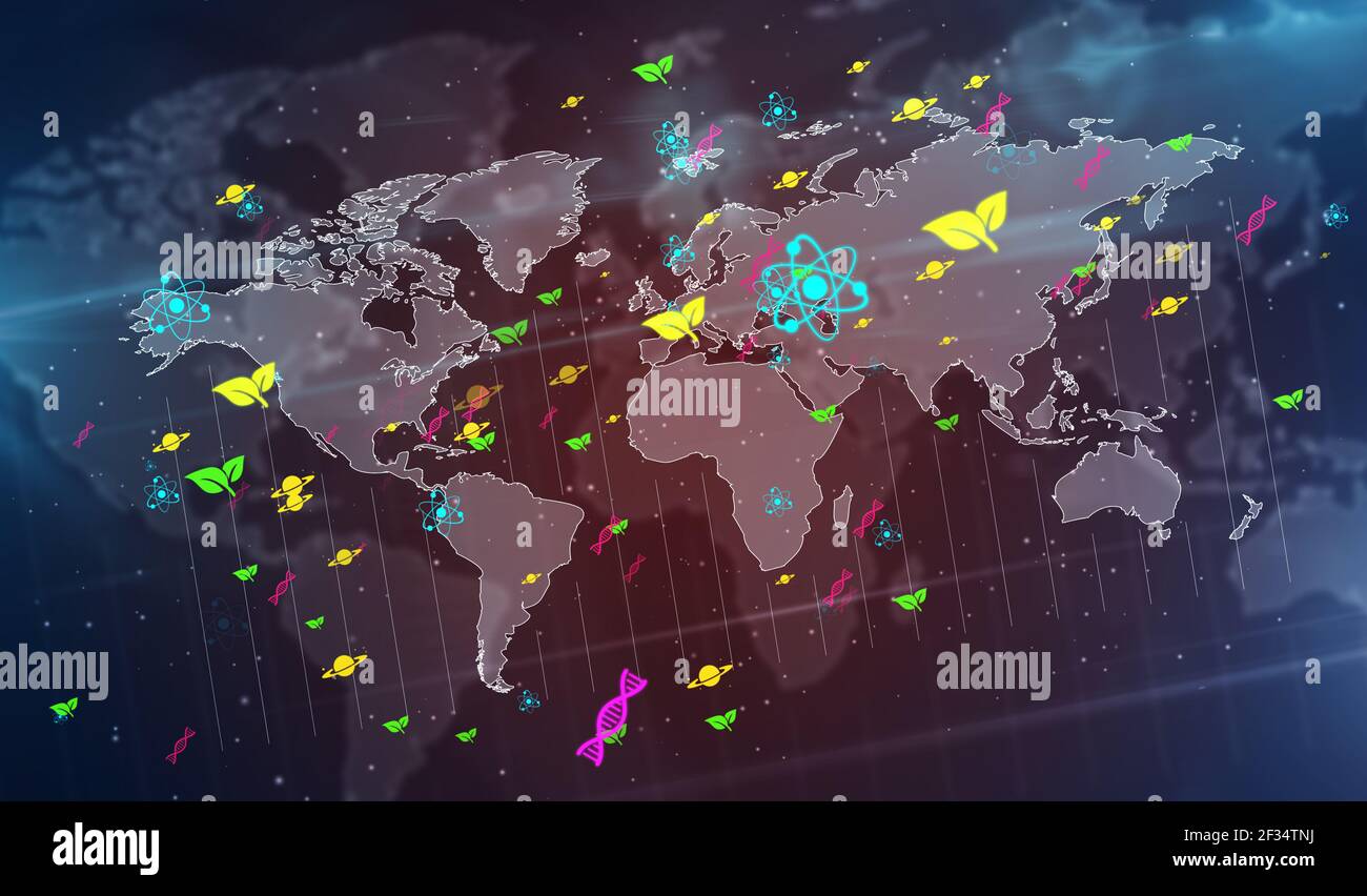 Science and education symbols and icons on digital globe 3d ...