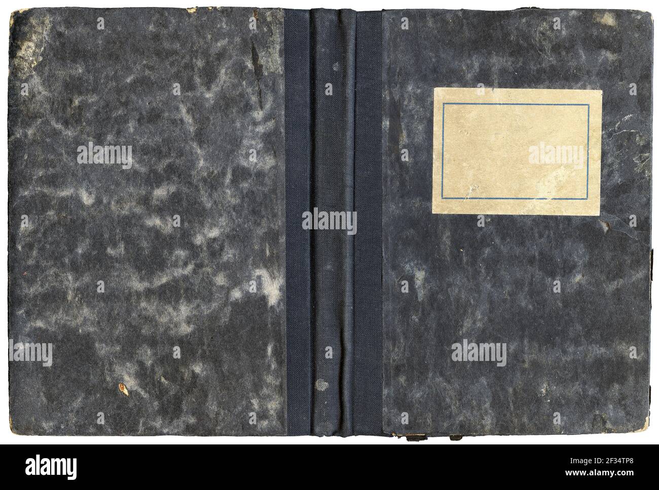 Vintage open diary or notebook cover in marbled paper with blank label ...