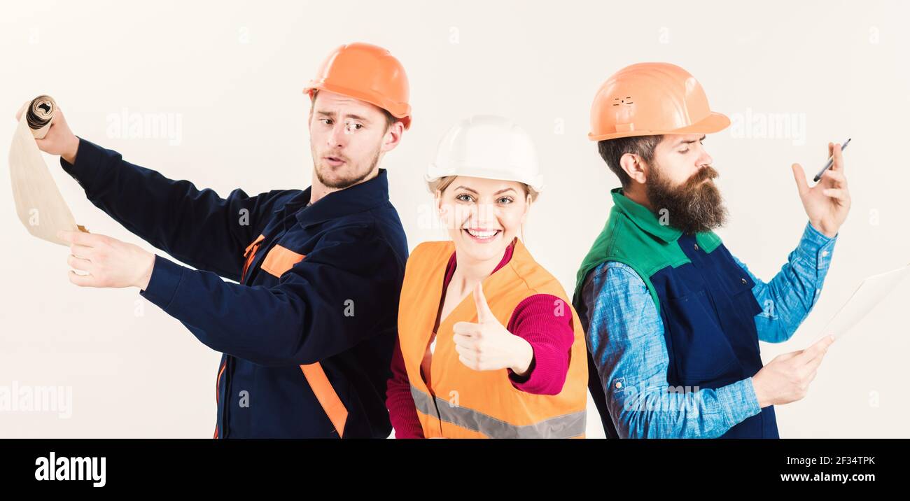 Men and woman in helmets busy with different tasks white Stock Photo ...