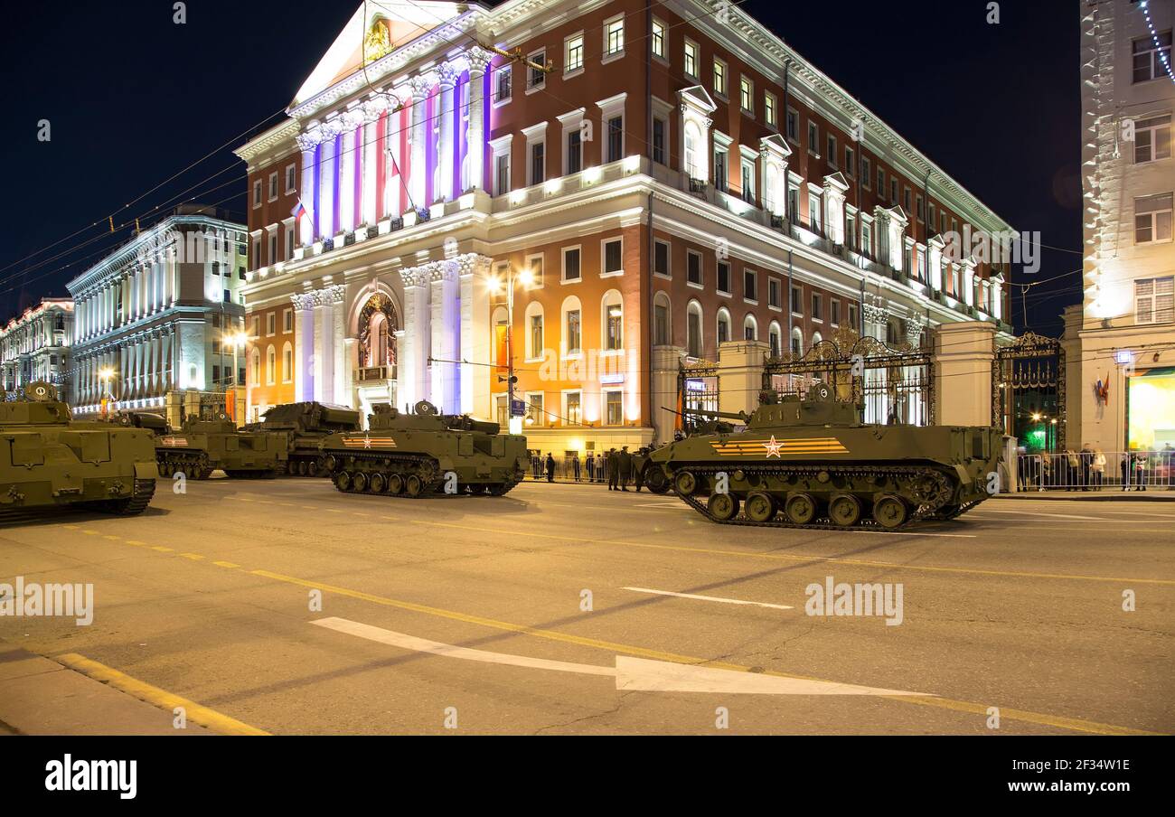 Russian weapons. Rehearsal of military parade (at night) near the ...