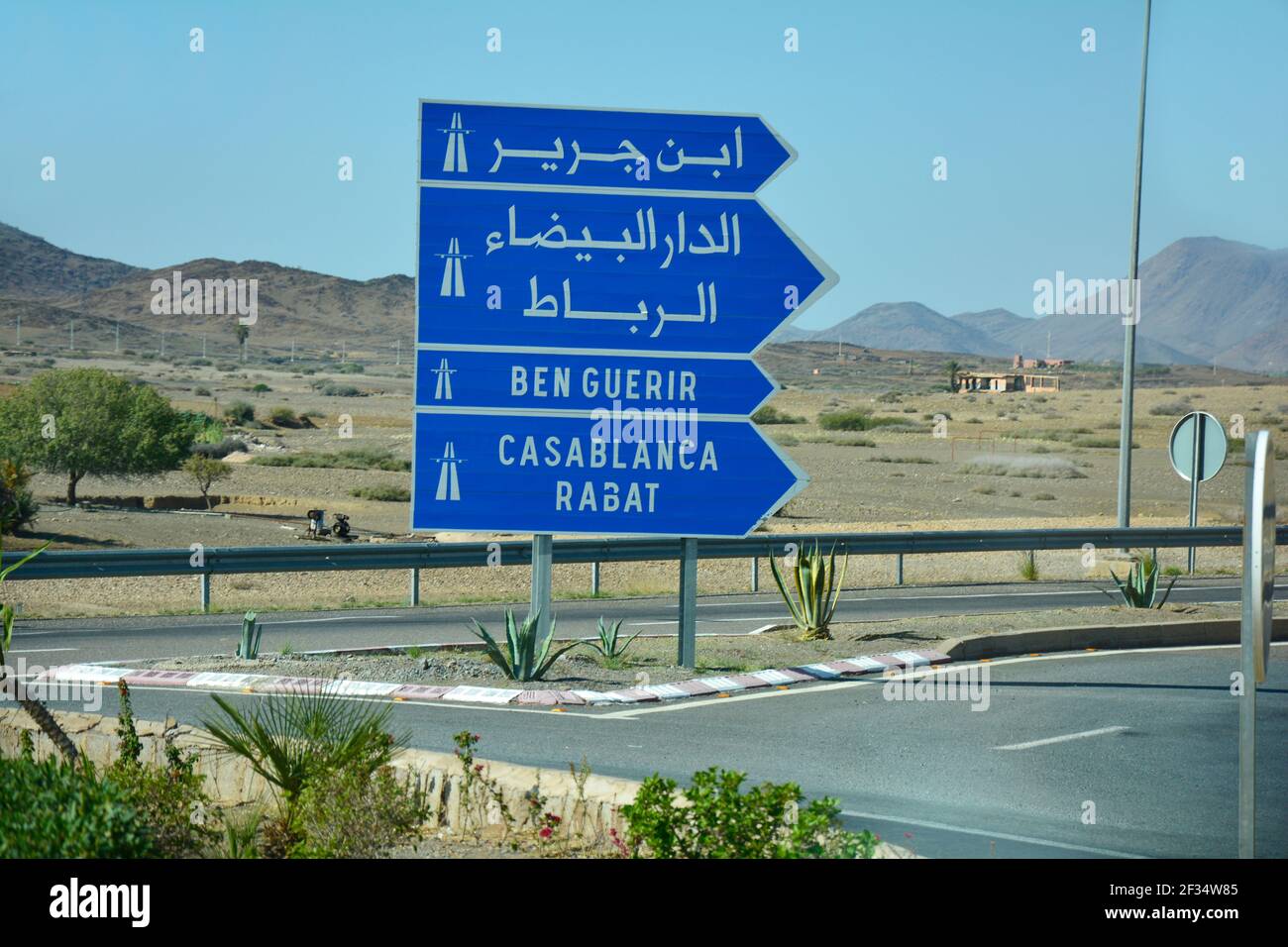 Morocco, highway street signs in arabic and latin characters Stock ...