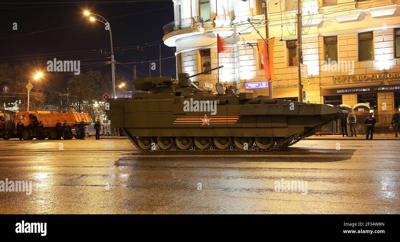Russian weapons. Rehearsal of military parade (at night) near the ...
